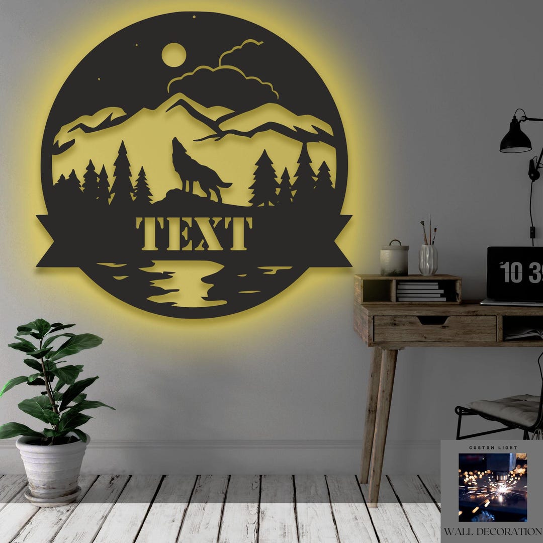 Personalized Howling Wolf Monogram Led Lights Wall Art, Custom Outdoor ...