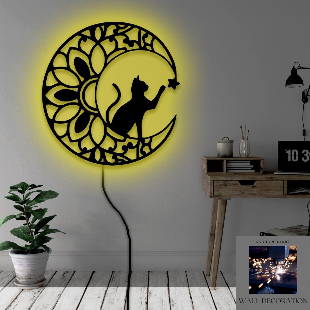 Cat and Moon Lighted Metal Wall Art With RGB LED Lights - Color ...