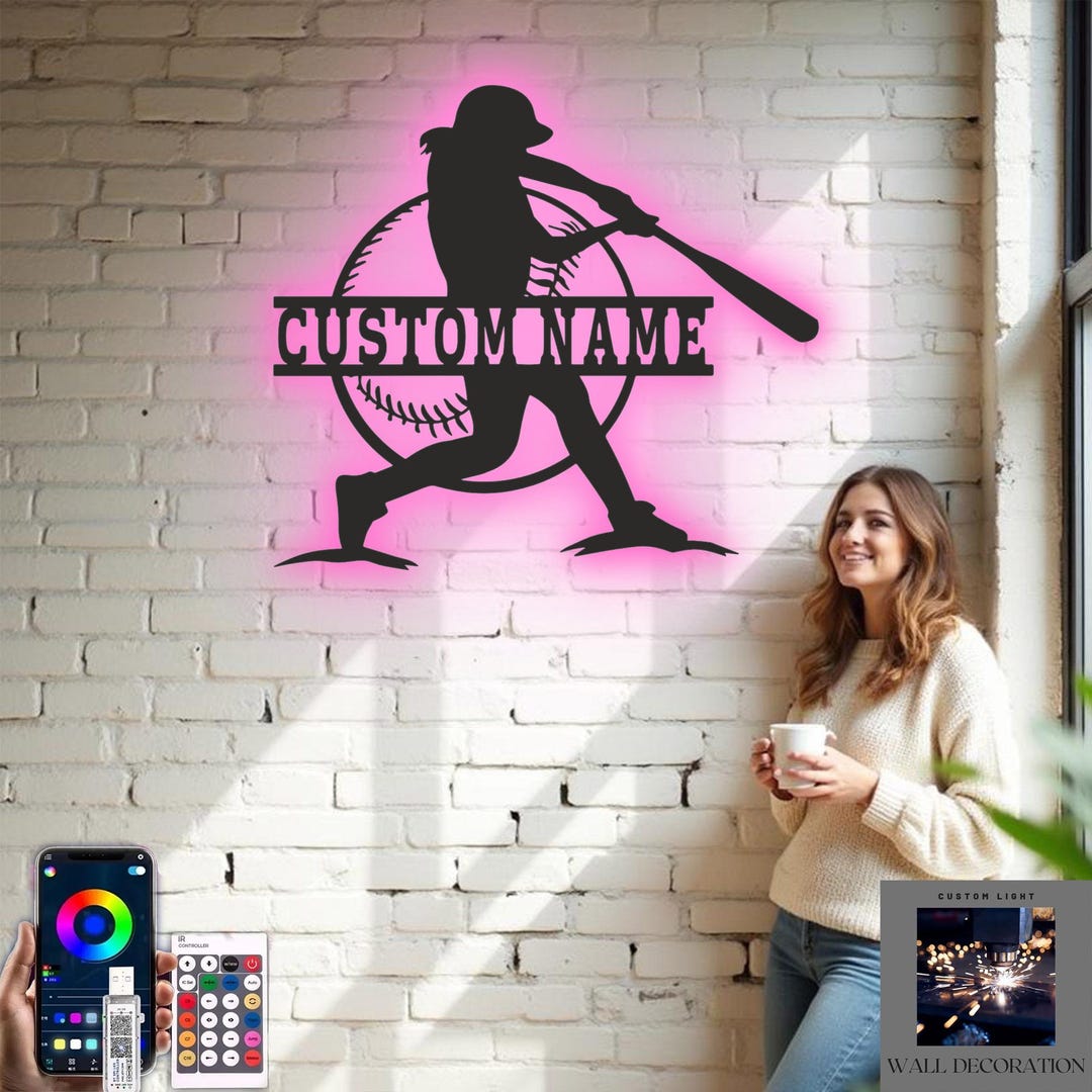 Custom Softball RGB LED Lights Metal Wall Art Personalized Player Sign ...
