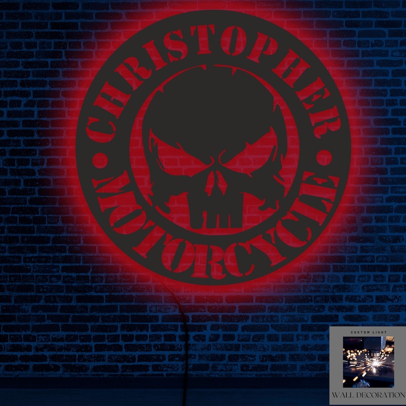 Custom Skull Metal Sign for Garage Decor, Motorcycle Skull LED Art ...