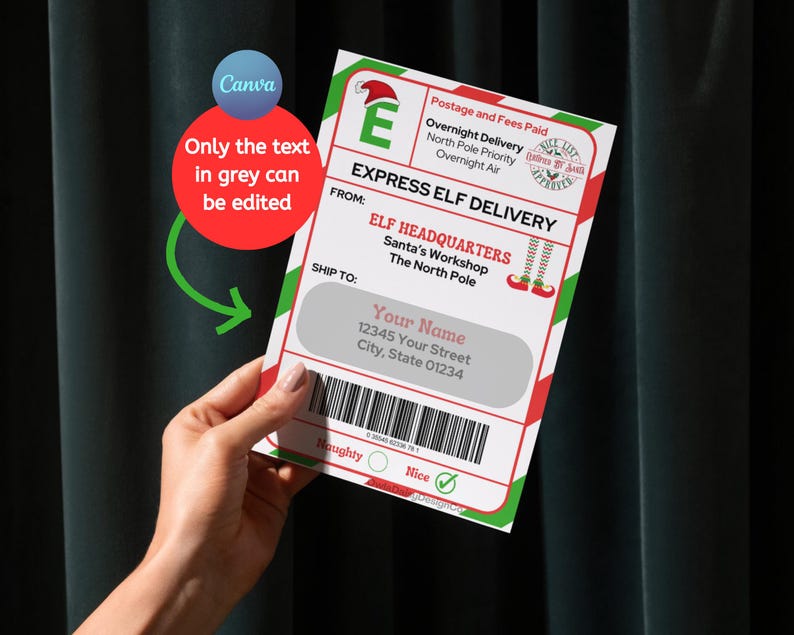 Editable Elf Shipping Labels North Pole Mail Gift Tag Personalized Elf ...