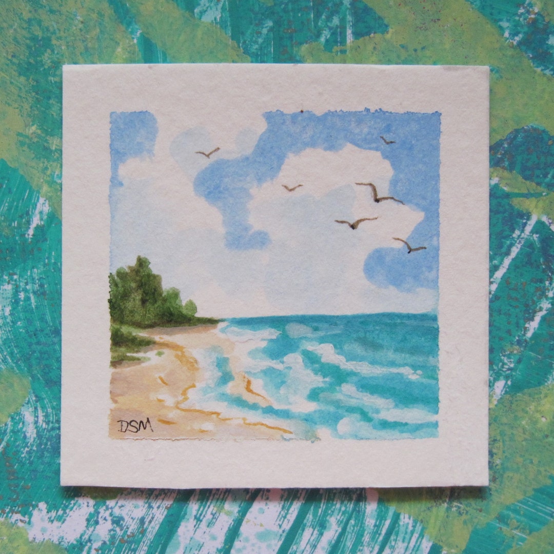 Original Tiny Art Beach Shoreline Trees Scenes Waves Ocean 2 Inches ...