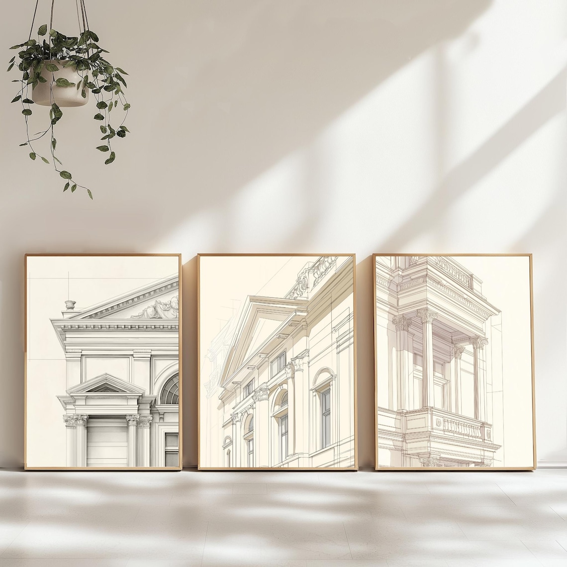 Elegant Classical Architecture Sketch Set of 3 | Vintage Building Line ...