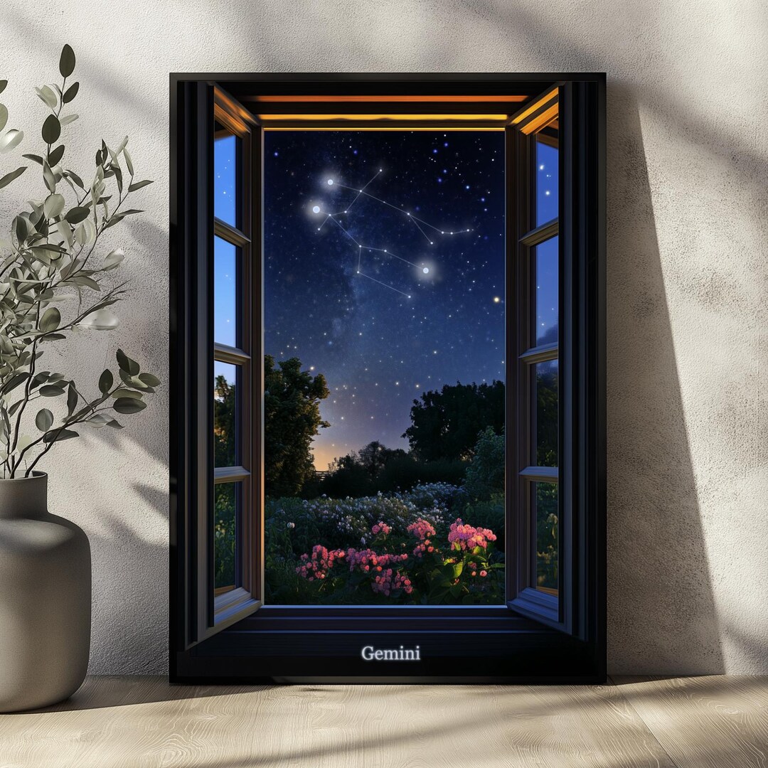 Gemini Constellation Window View Art, Zodiac Night Sky Print, Floral ...