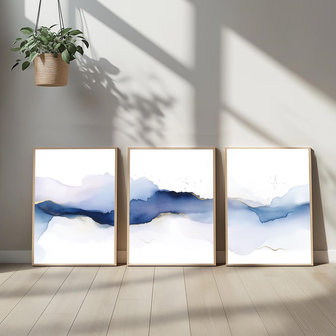 Watercolor Abstract Triptych Wall Art Set of 3 | Blue and Gold ...
