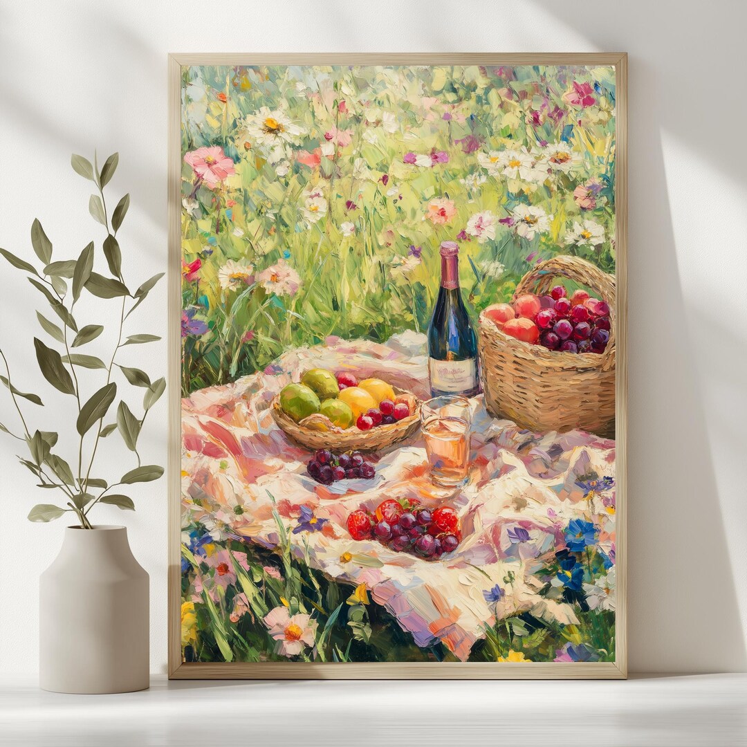 Spring Flower Field Picnic Wall Art, Floral Painting With Wine and ...