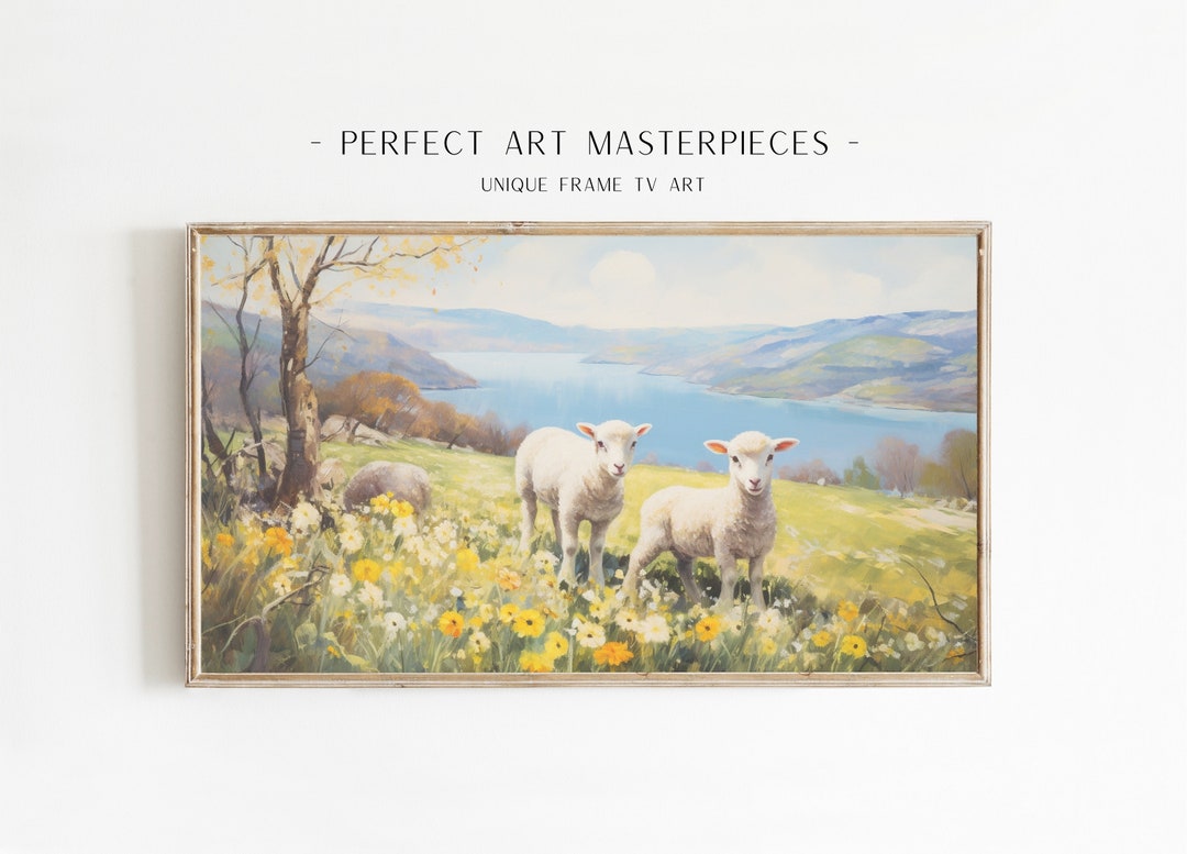 Frame TV Art Vintage Oil Painting of Lambs in Spring Landscape Art ...