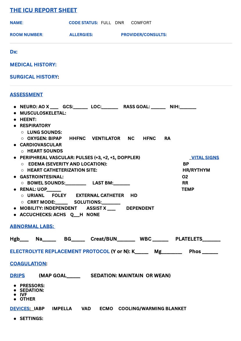 ICU REPORT SHEET for Nursing, Nurses, Nursing Students. the Only Report ...