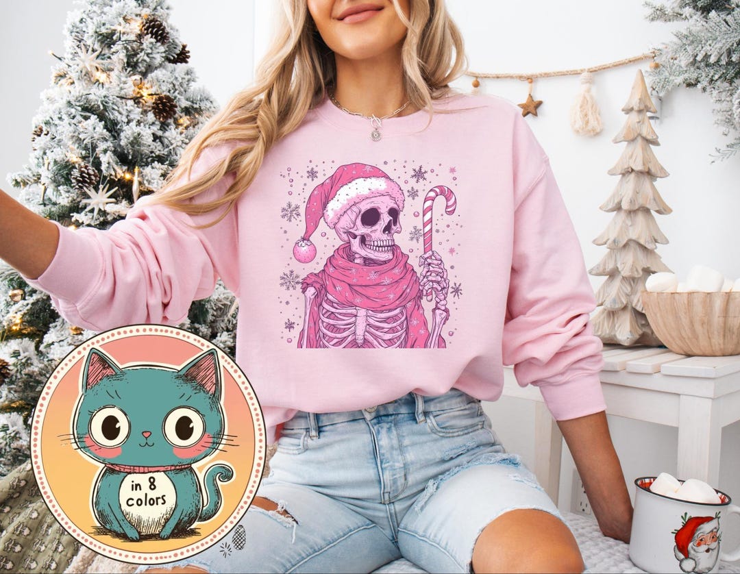 Pink Skeleton Candy Cane Sweatshirt, Halloween Jumper, Skeleton ...