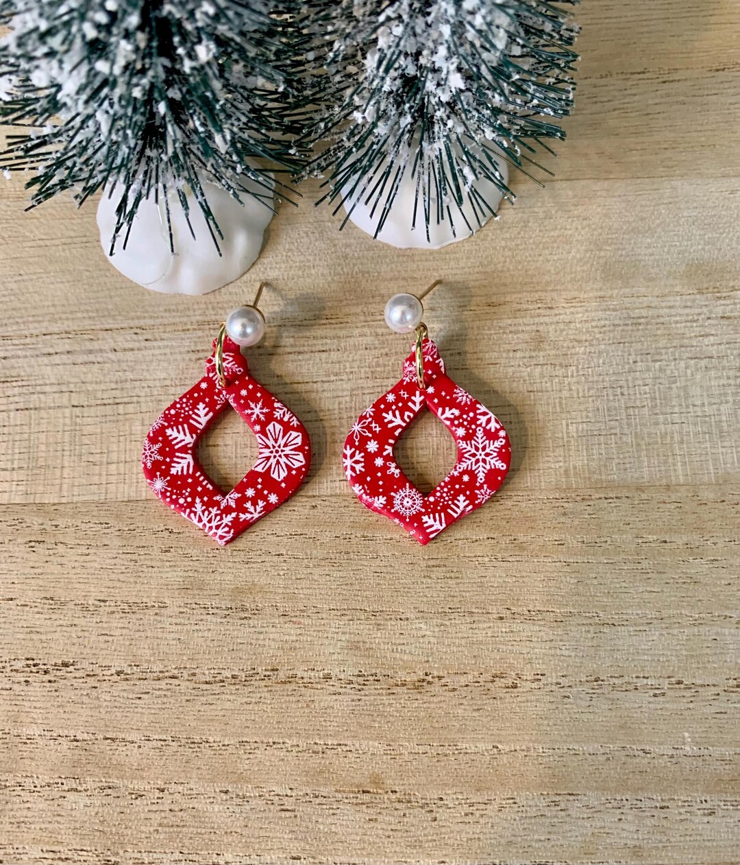 The Joyous|red Christmas Ornament Earrings, Snowflake Clay Dangles ...