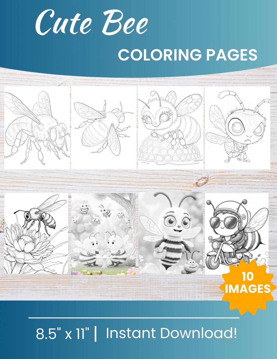 10 Pages Color Page Bee, Black and White Bee Coloring Page, Honey Bee ...