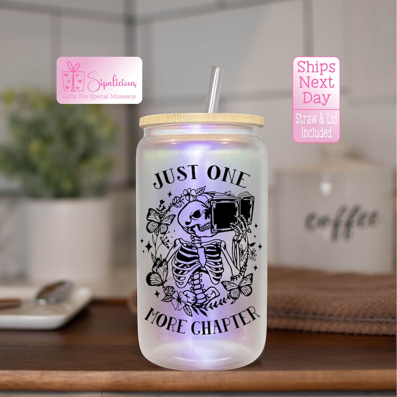 Just One More Chapter Glass With Lid and Straw, Floral Butterfly Iced ...