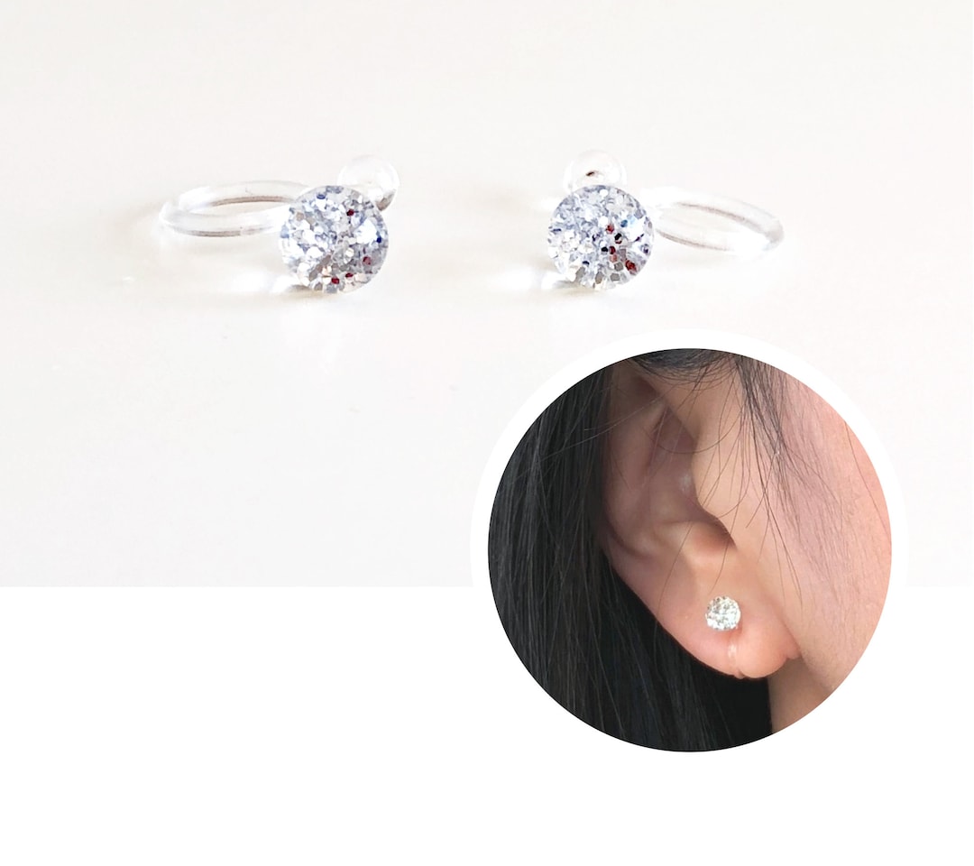 5mm Silver Glitter Glass Globe Invisible Clip on Stud Earrings. Simple ...