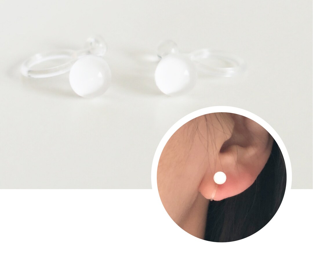 5mm White Glass Globe Invisible Clip on Stud Earrings. Simple Minimal ...