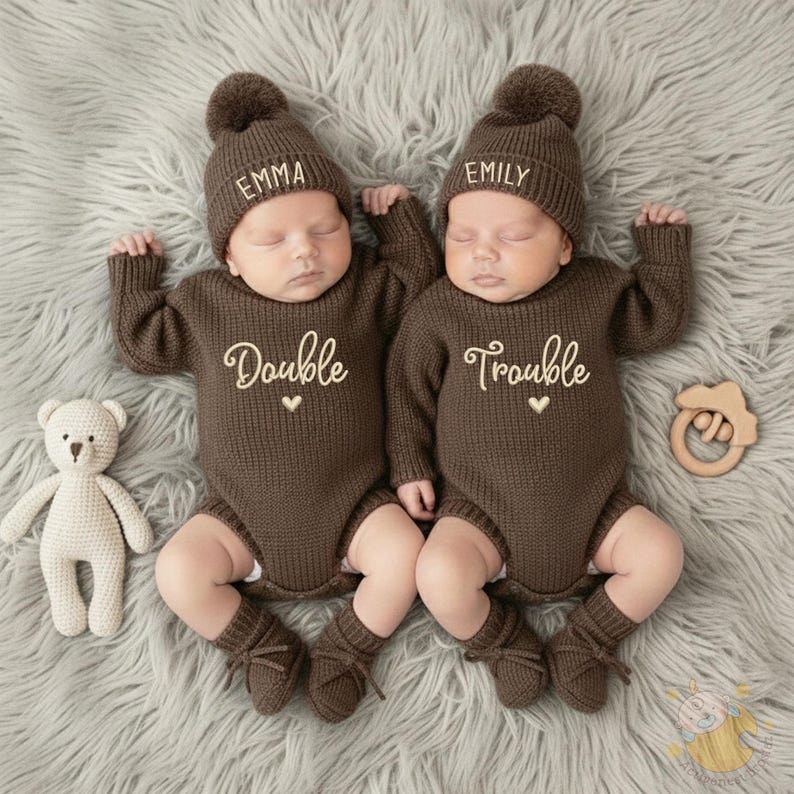 Custom Double Trouble Twin Knit Ruffles Romper, Funny Twin Bodysuit ...
