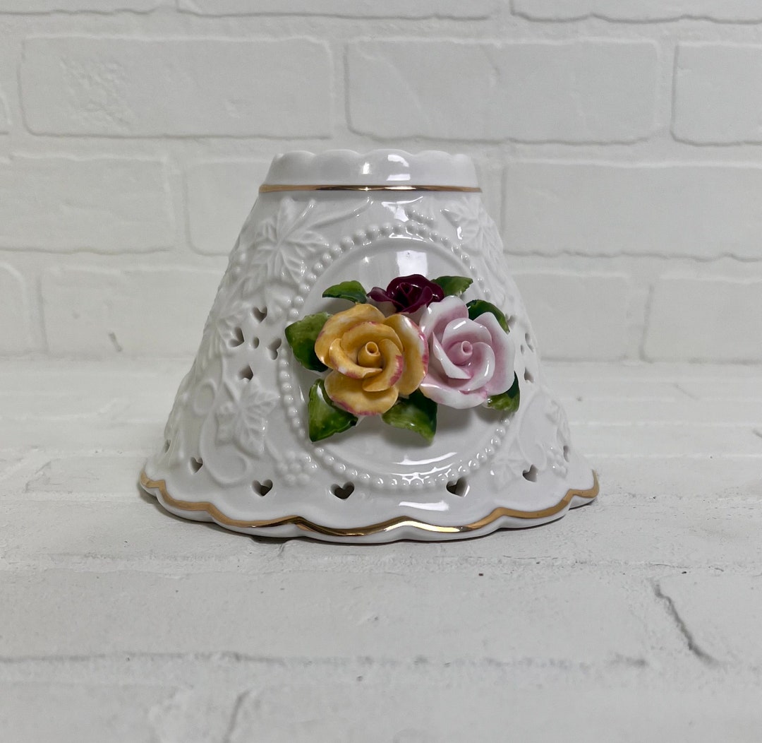 Vintage Lamp Shade White Porcelain Eyelet With Roses & Gold Trim 5 ...