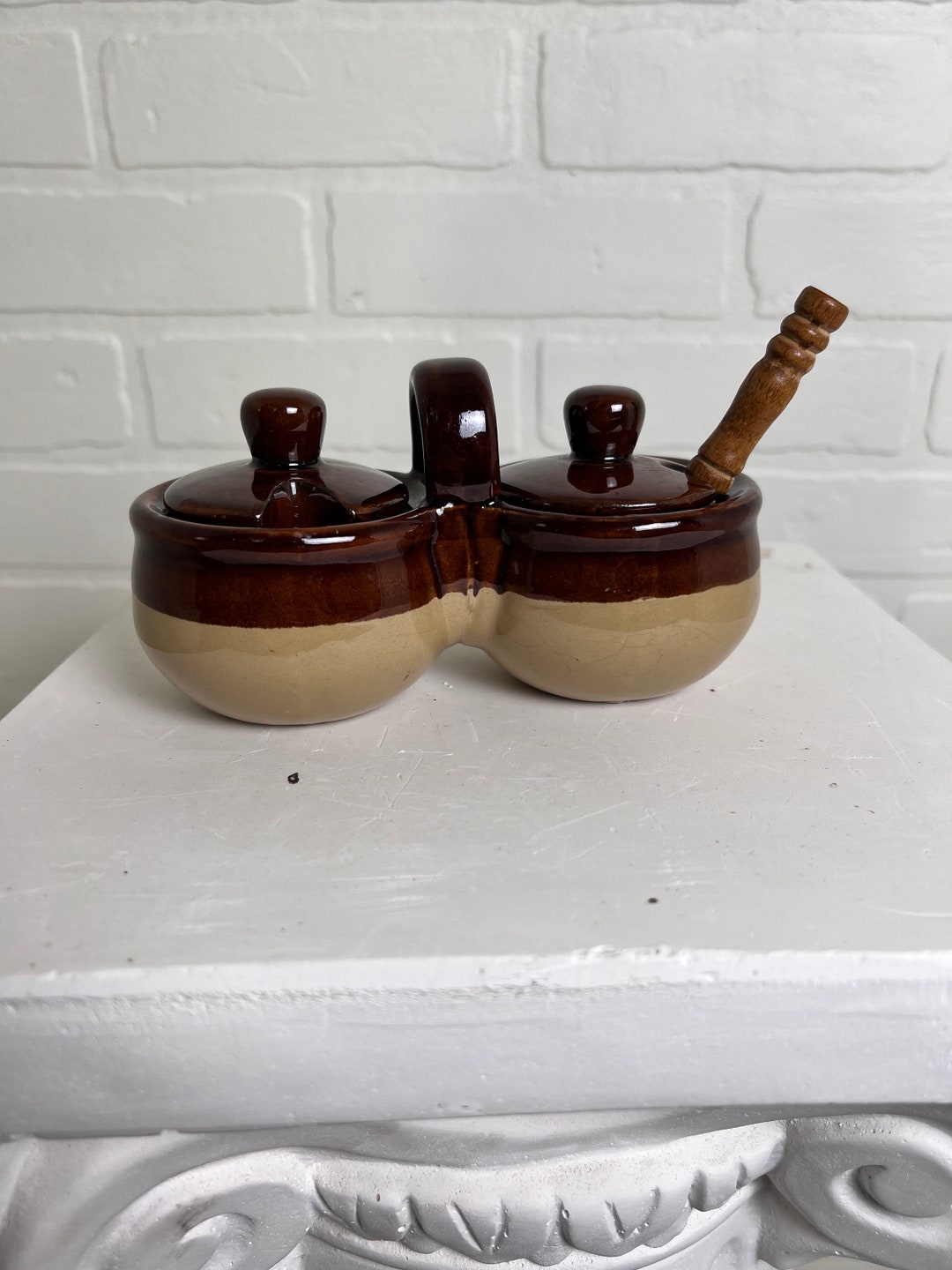 Vintage Brown and Cream Glazed Ceramic Double Condiment Dish With 1 ...