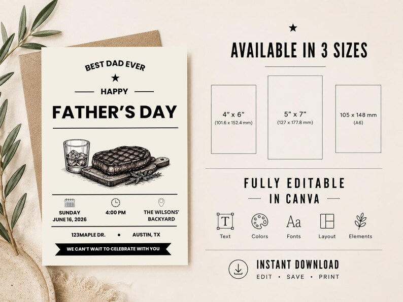 Father's Day BBQ Invitation Template | Steak Whiskey (digital Download ...