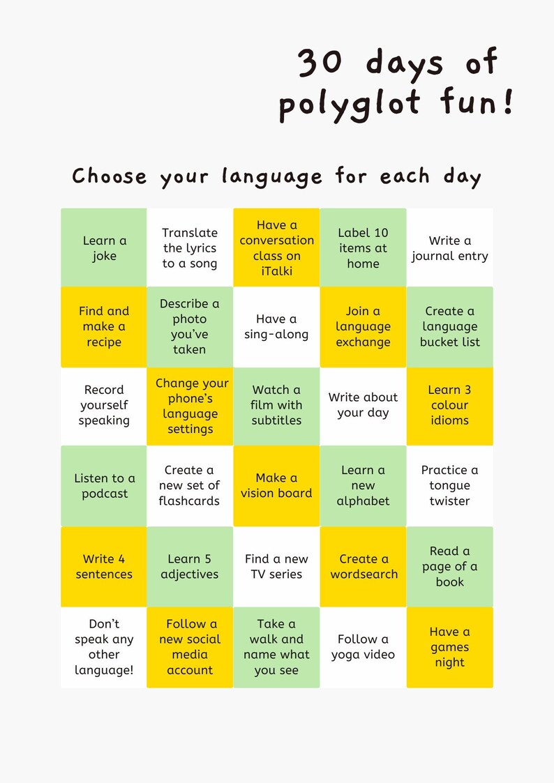 Printable 30 Days of Polyglot Fun Challenge - Etsy