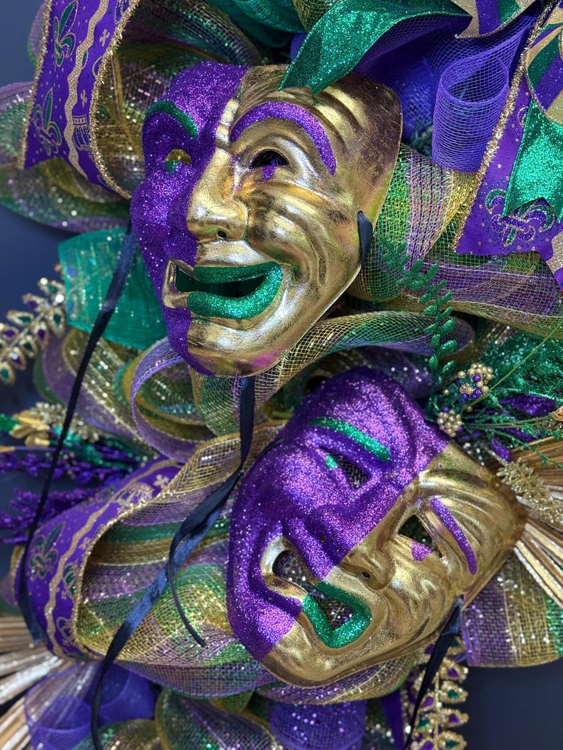 Mardi Gras Mask Wreath, Large Statement Door Decor, Purple Green Gold ...