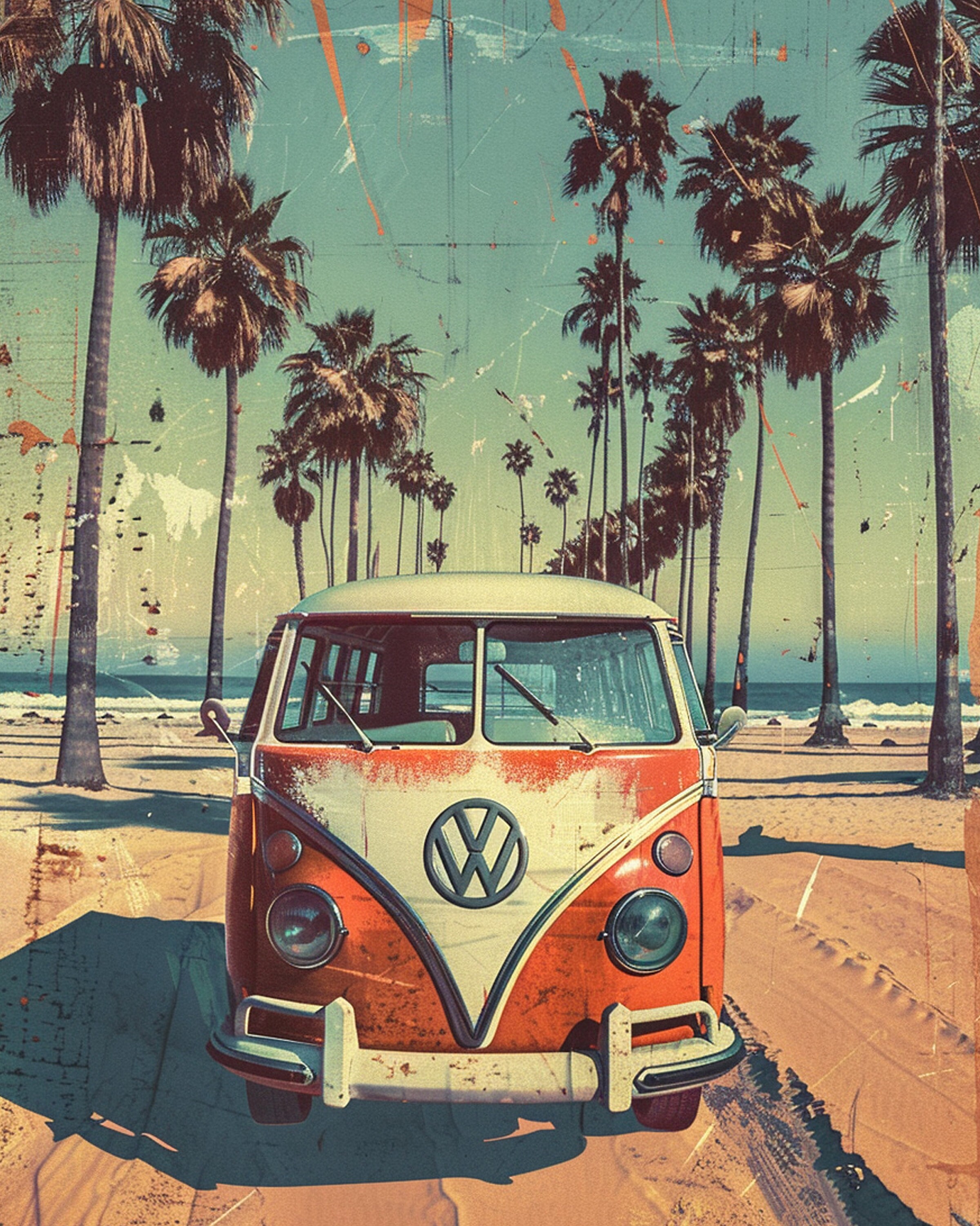 Set 5 Prints B&B: VW Retro Bus and Beach, Printable Wall Art Home Decor ...