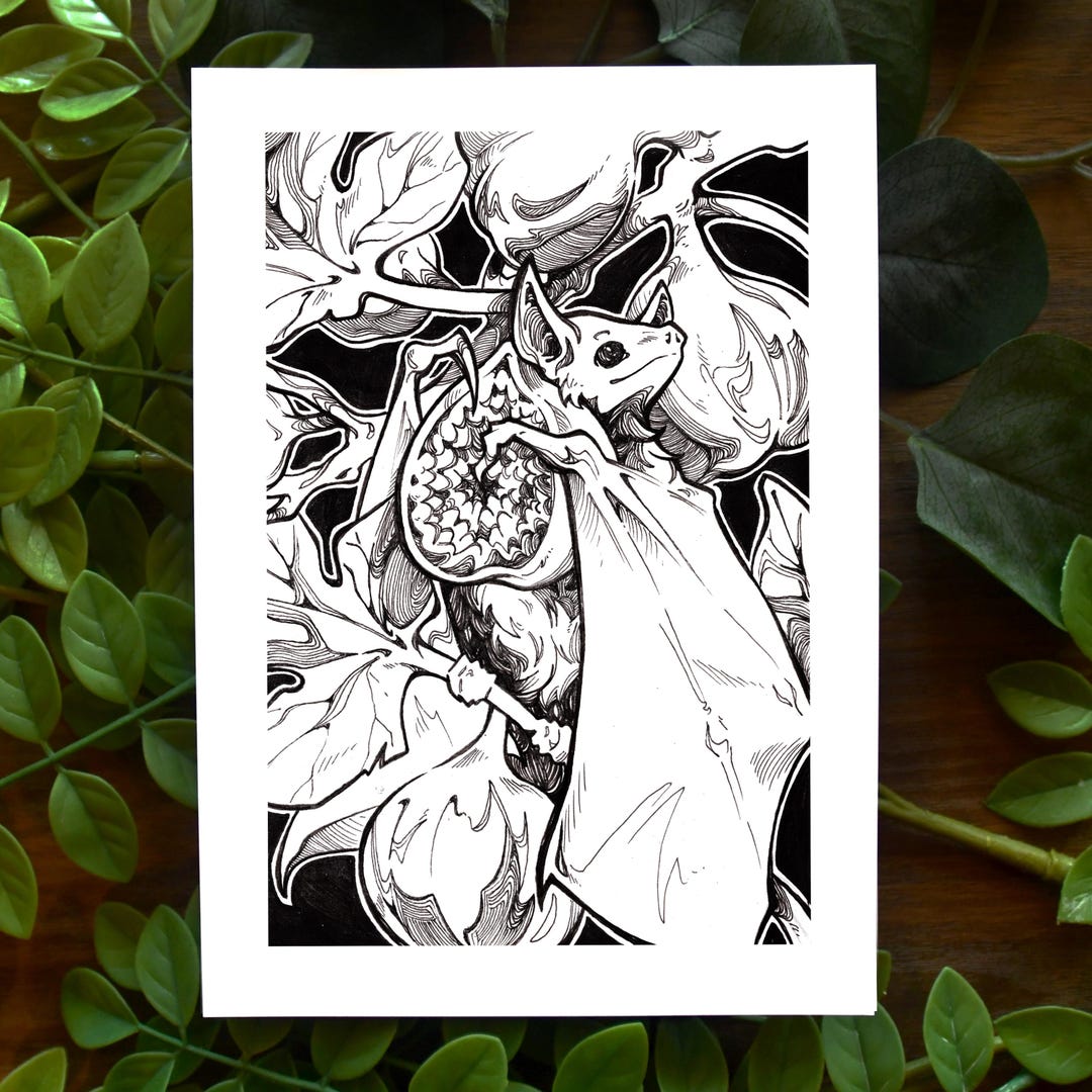 Fruit Bat || Bat and Fig Nature Halloween Print Pen and Ink Original ...