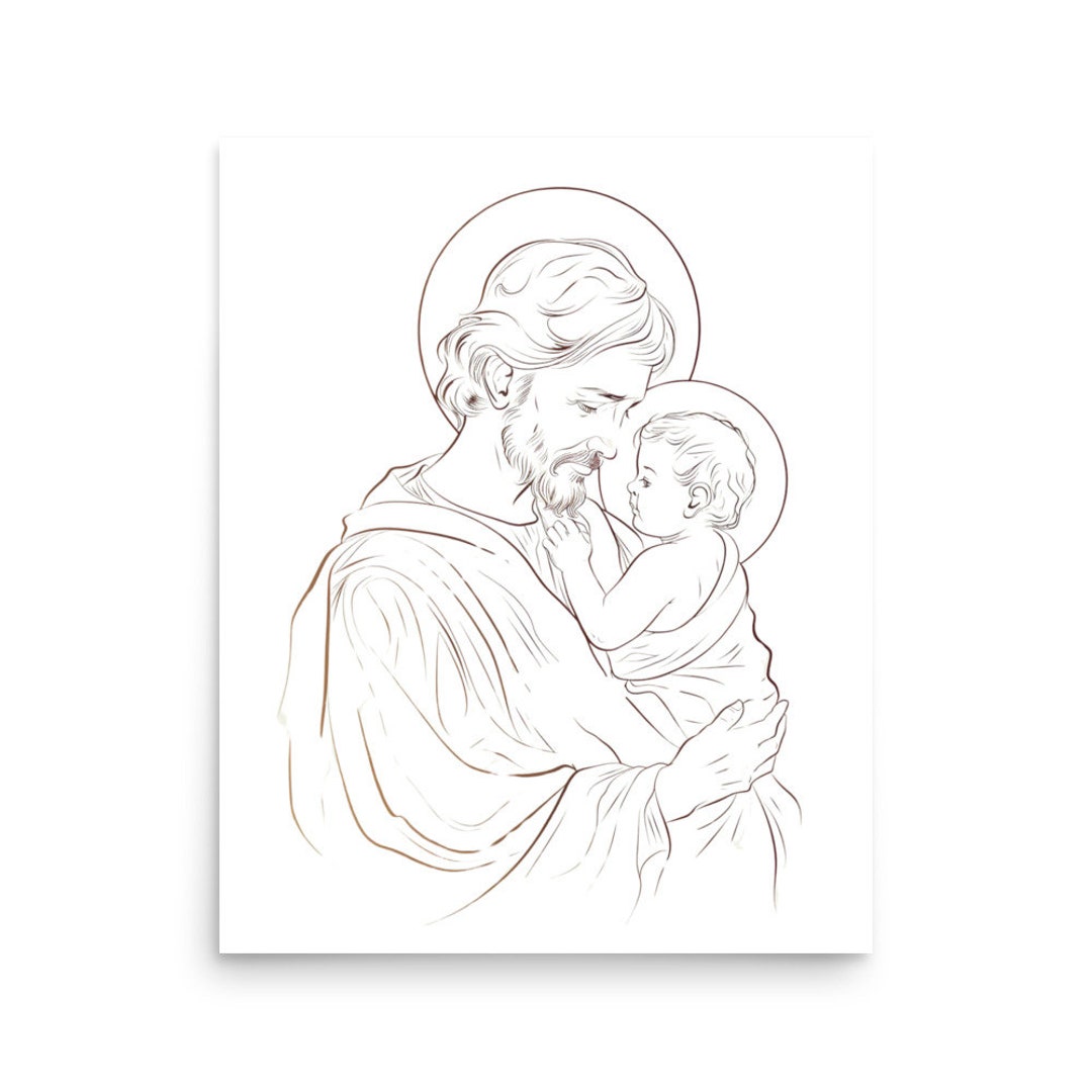 Poster St. Joseph and Jesus Christian Line Art Minimalistic Style Faith ...