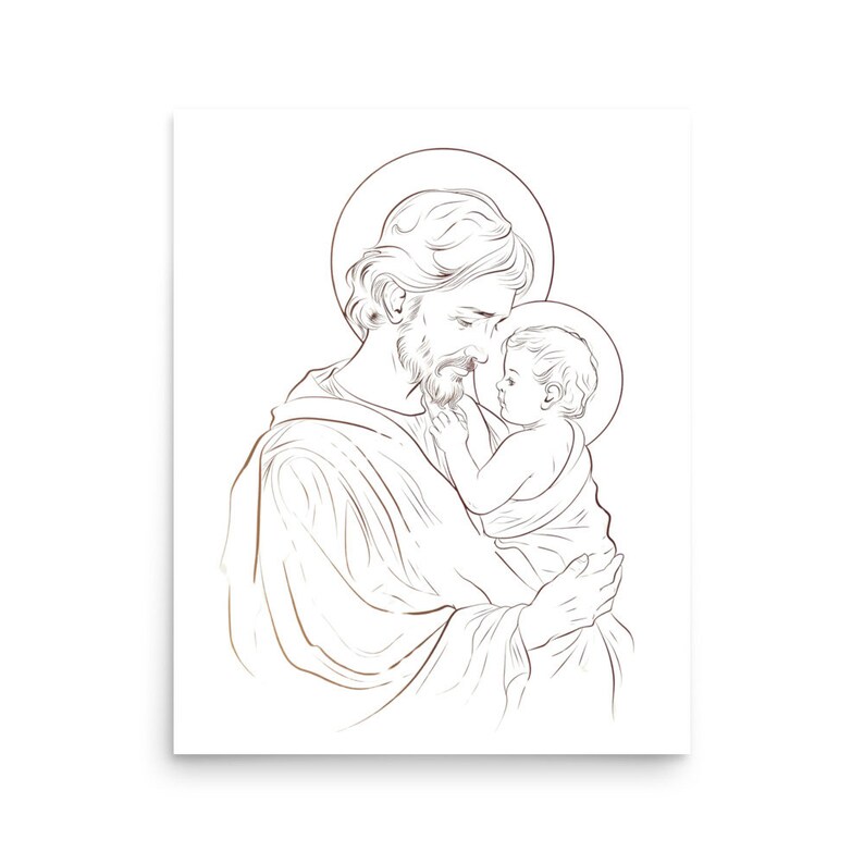 Poster St. Joseph and Jesus Christian Line Art Minimalistic Style Faith ...