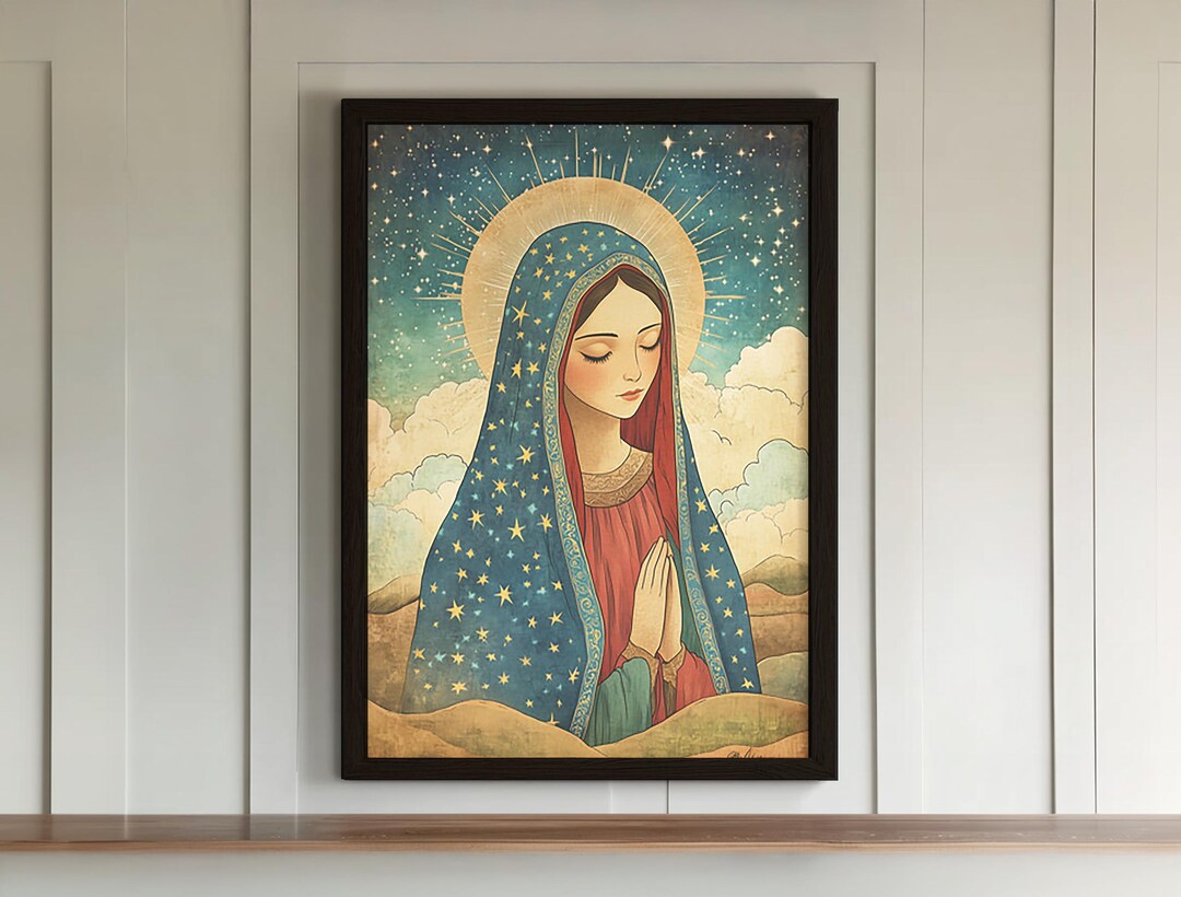Virgin Mary Art Print, Mother Mary With Stars, Religious Wall Decor ...