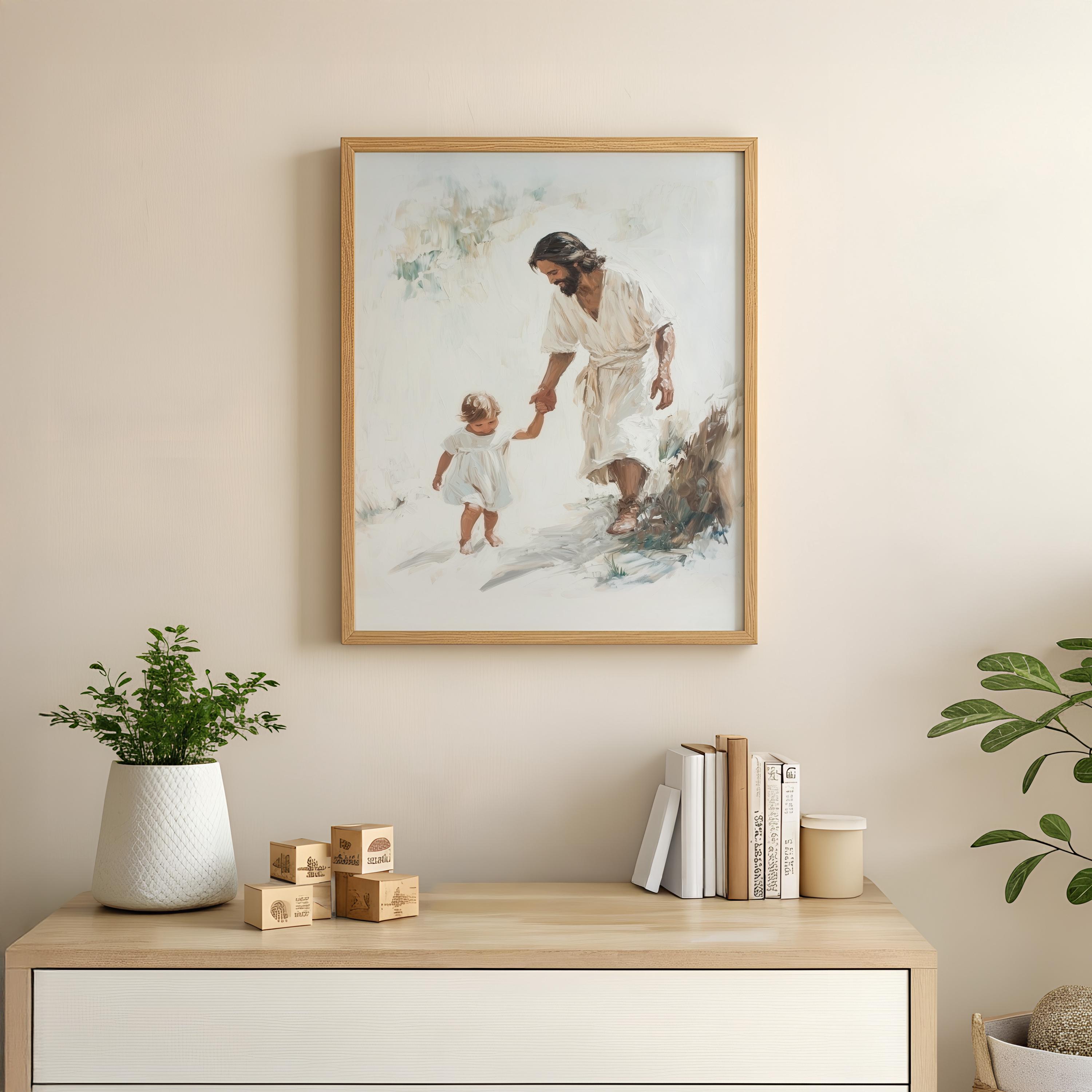 Jesus Walking With Child Art Print | Cream Oil Painting Faith Nursery ...