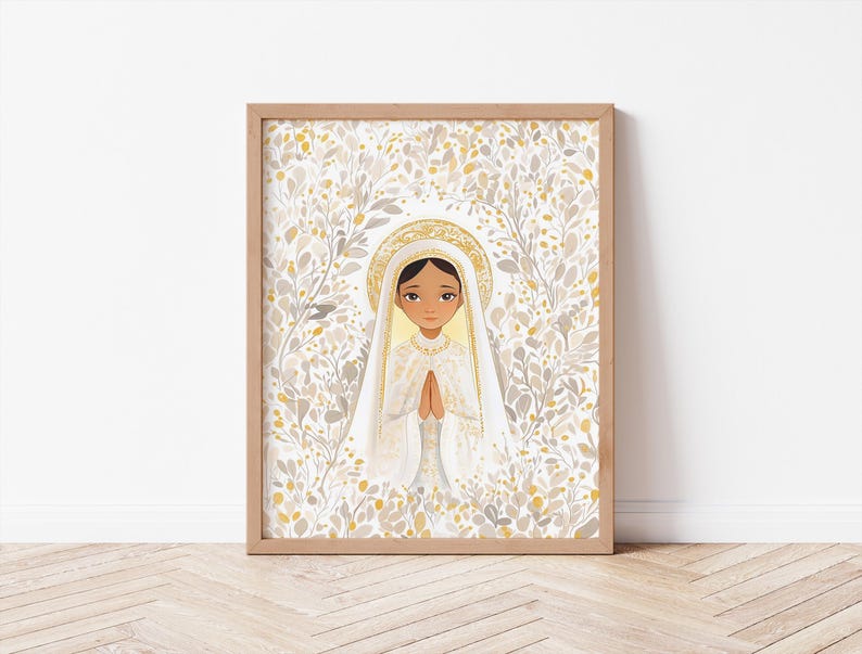 Virgin Mary Art Print, Childlike Marian Illustration, Floral Background ...