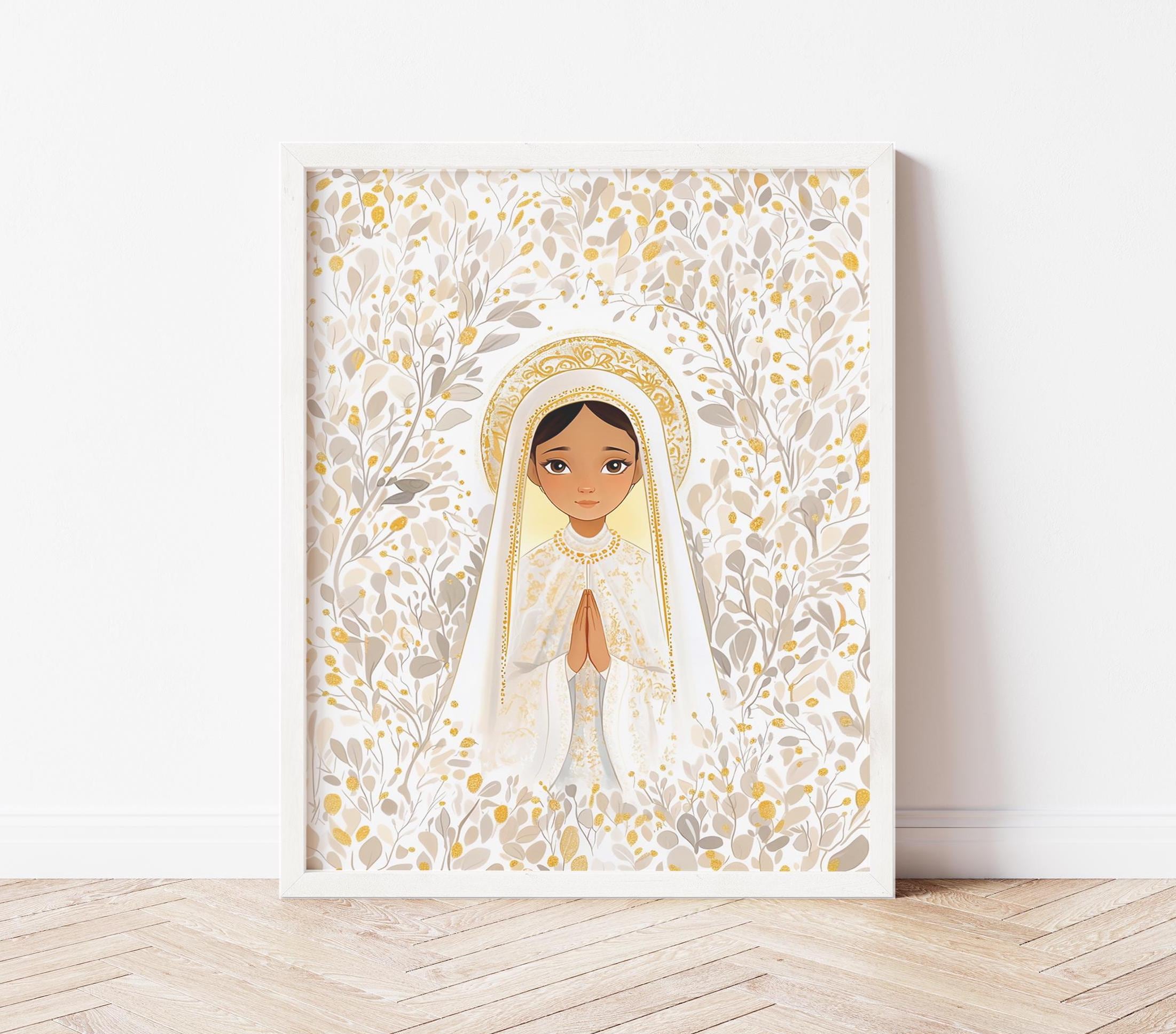 Virgin Mary Art Print, Childlike Marian Illustration, Floral Background ...