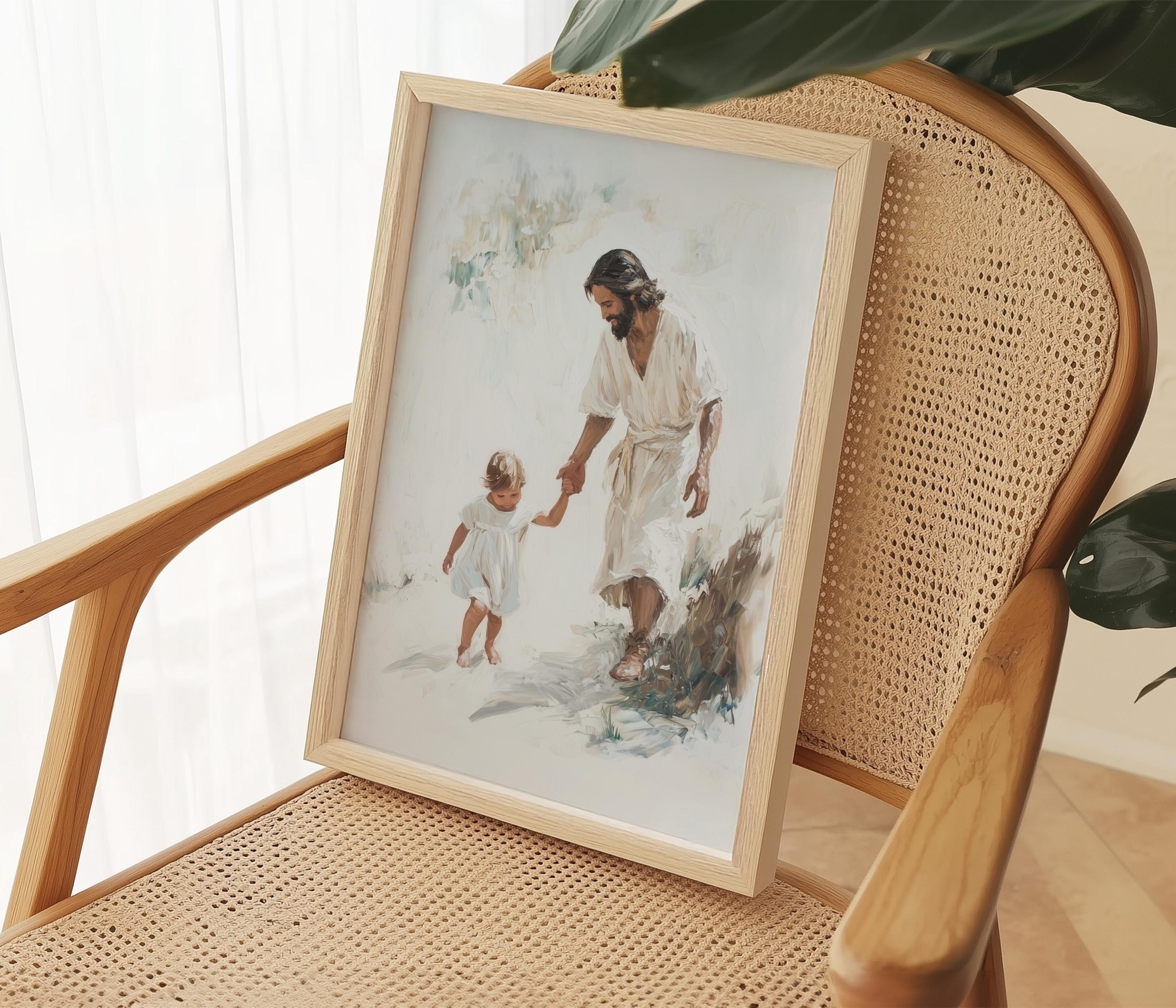 Jesus Walking With Child Art Print | Cream Oil Painting Faith Nursery ...