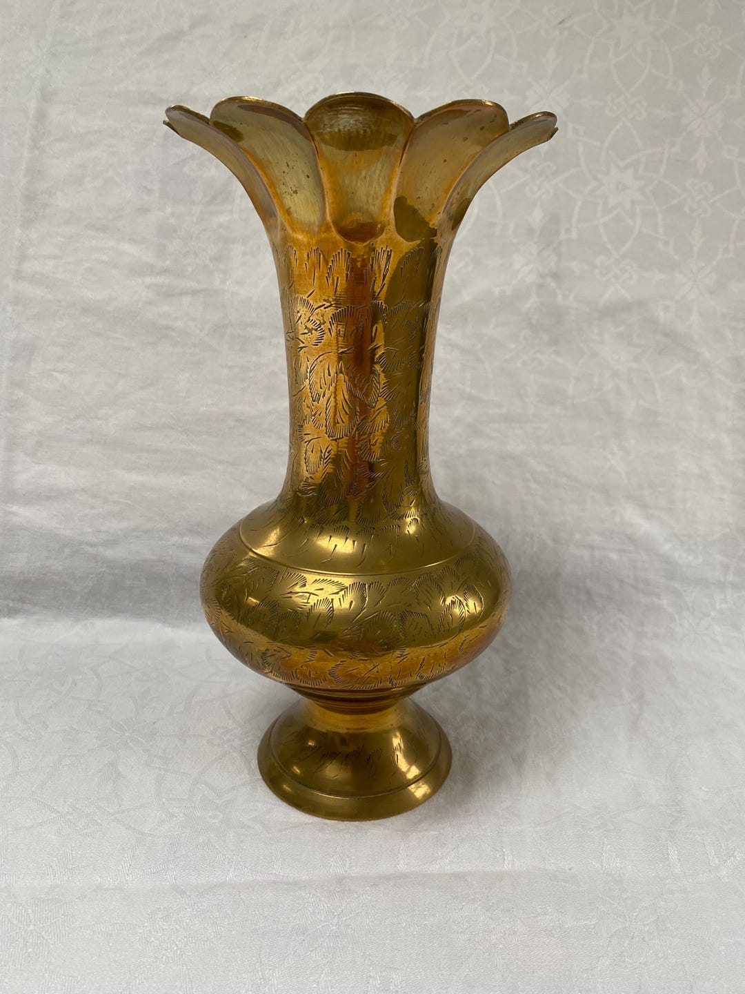Beautiful Tall Vintage Fluted Brass Vase Decorated With Etched Feather ...