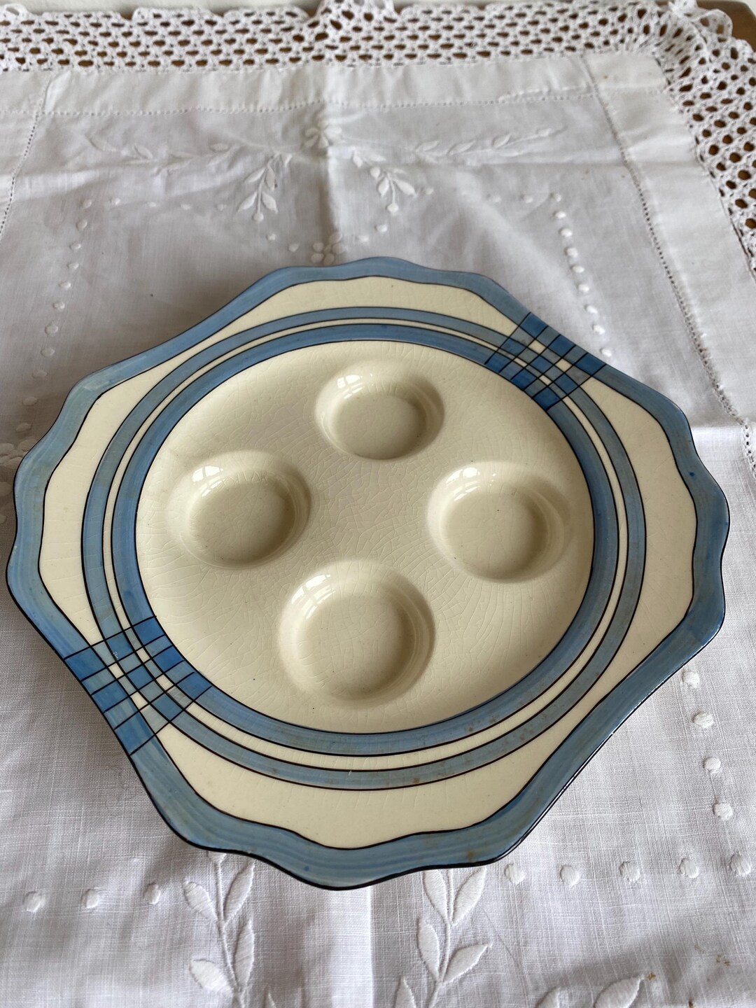 Vintage Blue and Cream Crown Devon Egg Cup Plate, Blue Striped Plate - Etsy