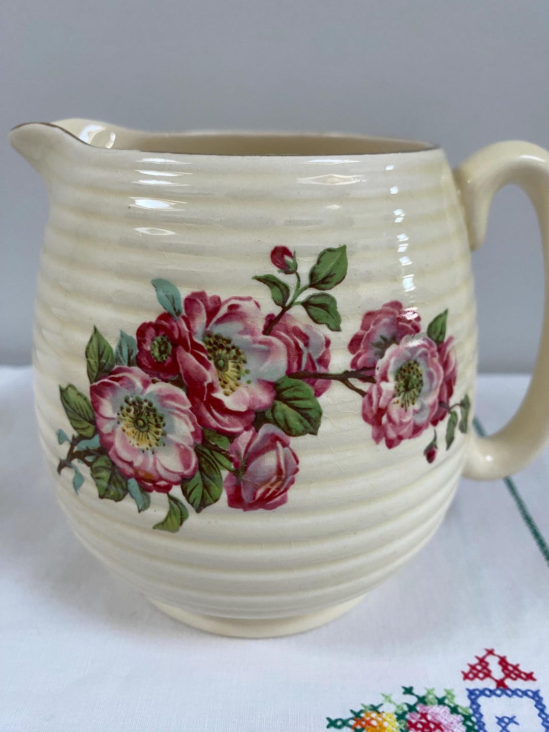 Large 1950s Vintage Cream Beswick Ribbed Floral Milk Jug, 6” Tall - Etsy