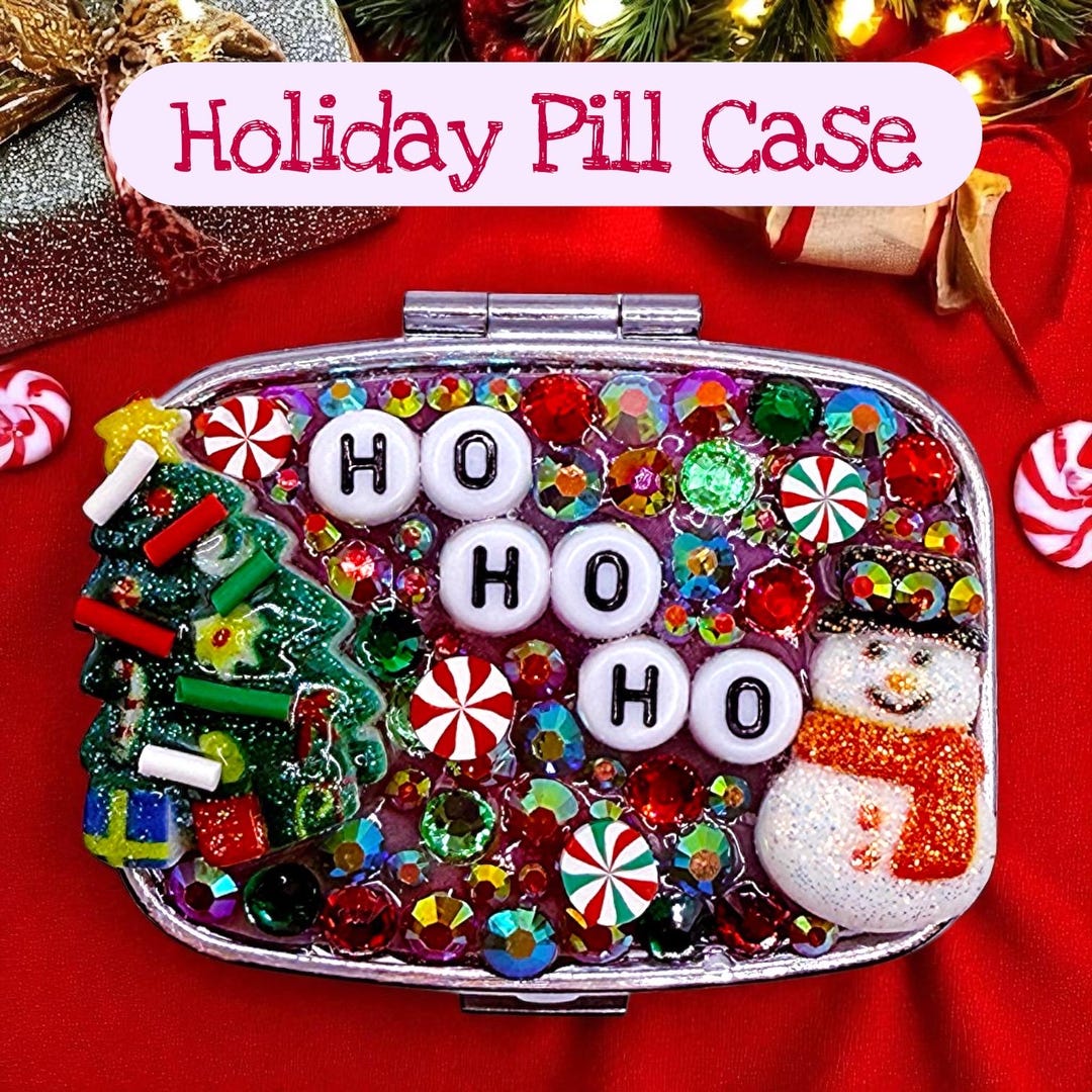 Bedazzled Christmas Pill Case With Mirror: Holiday Travel Organizer - Etsy