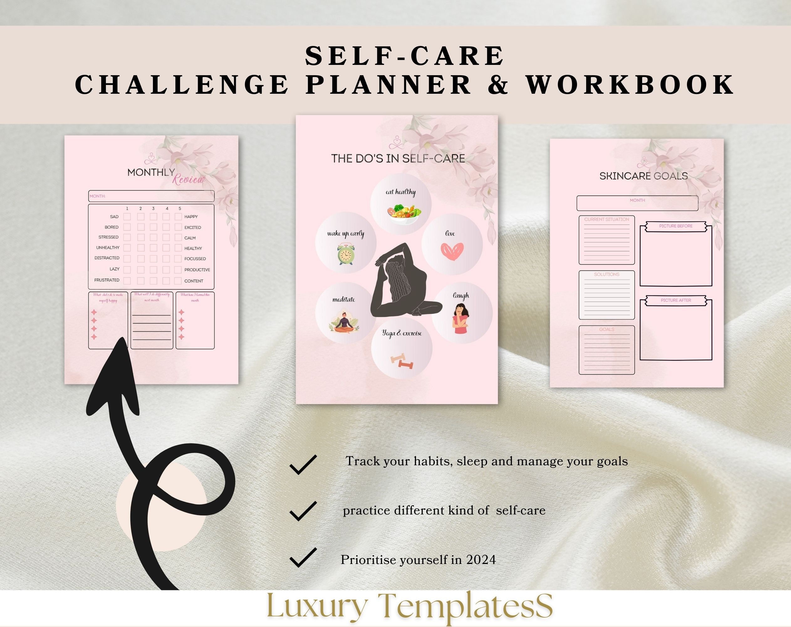 Editable Self-care Planner Pink | Canva Template PDF Printable ...