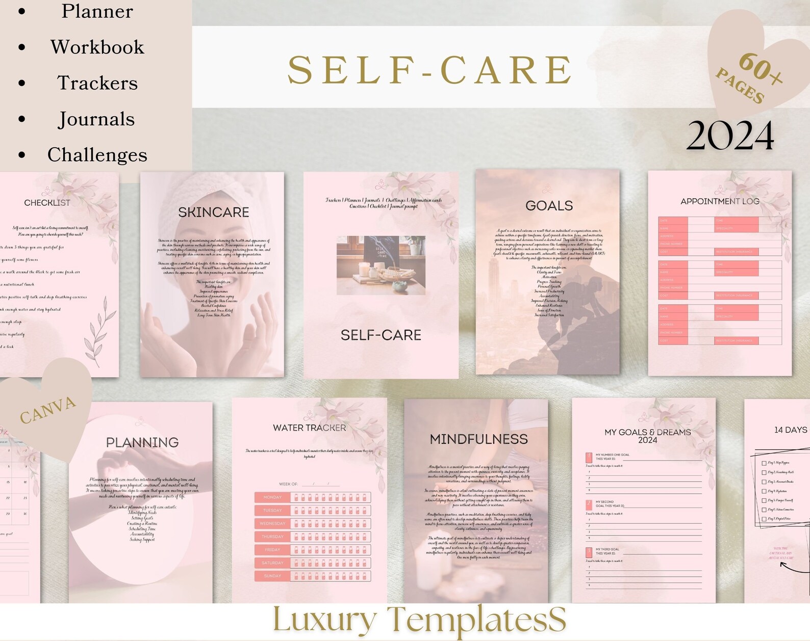 Editable Self-care Planner Pink | Canva Template PDF Printable ...