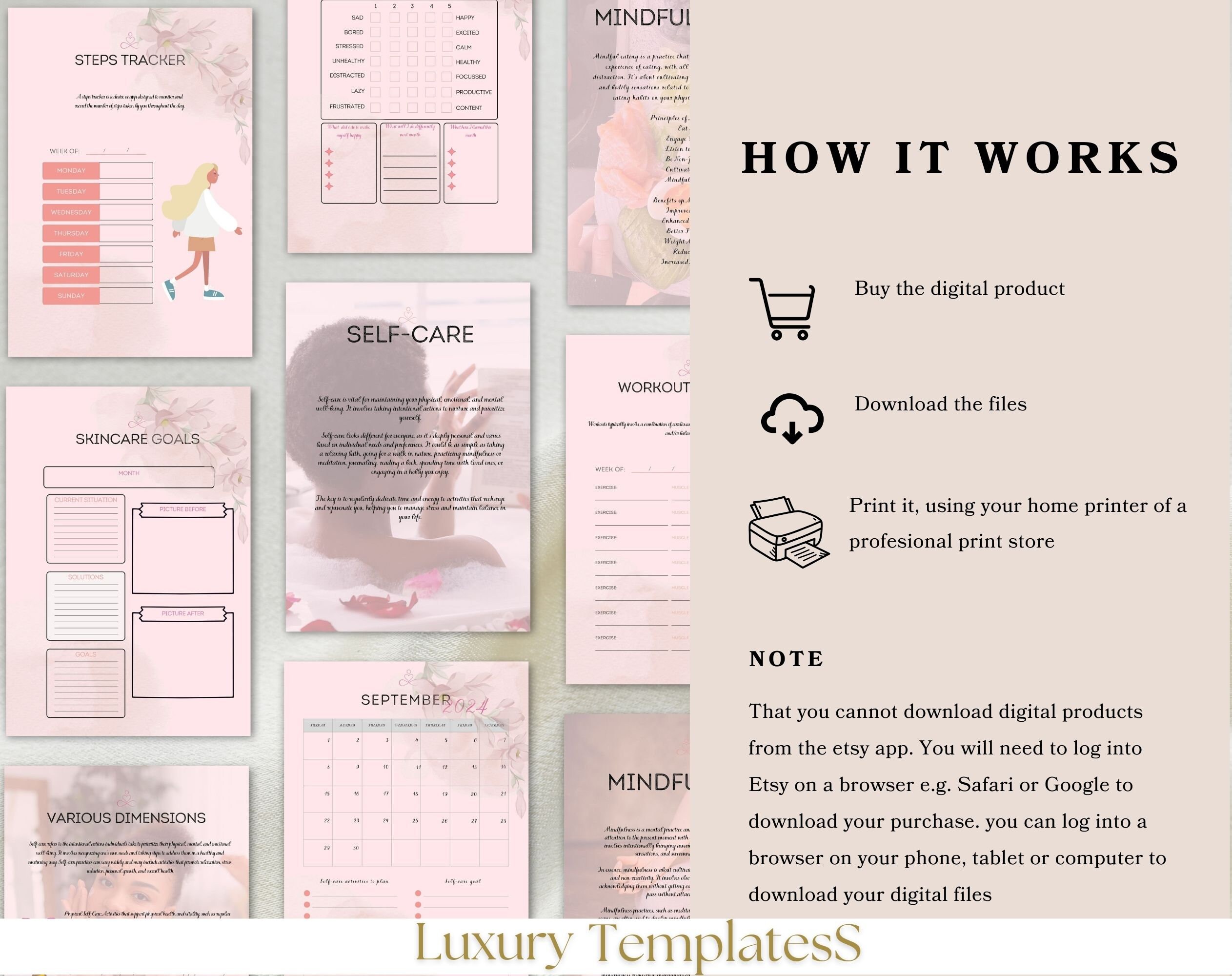Editable Self-care Planner Pink | Canva Template PDF Printable ...