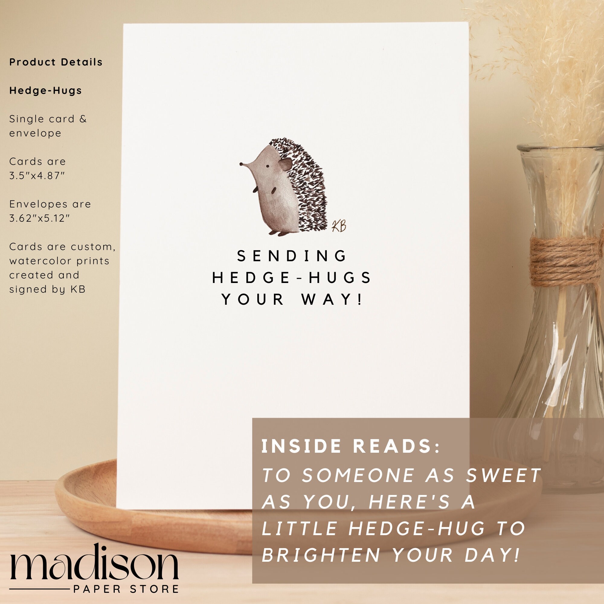 Single Hedge-hug Card- Encouragement - Sympathy - Watercolor Stationary ...