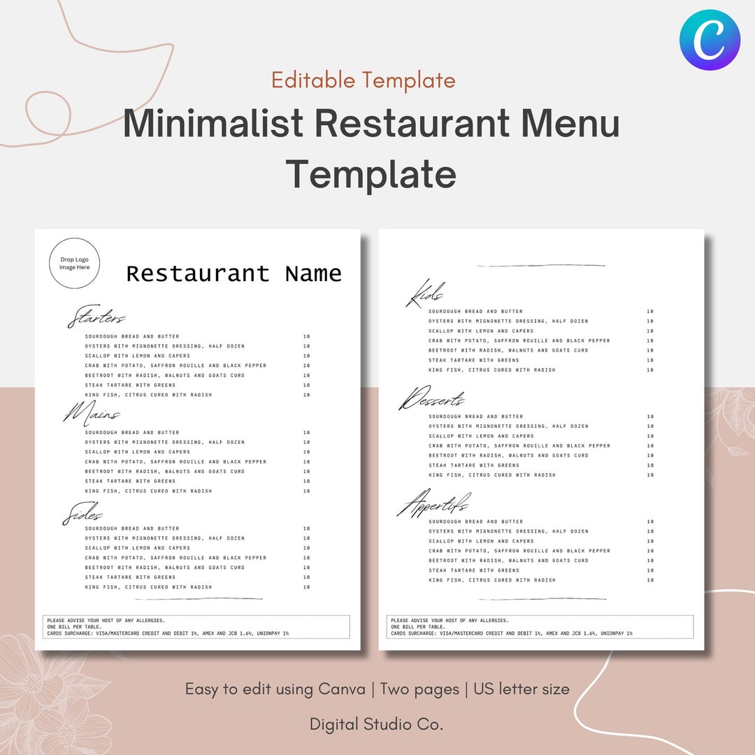 Minimal Restaurant Menu Canva Template, Editable Restaurant Menu ...