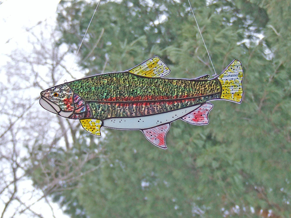Stained Glass Trout, Large 14" Rainbow Trout Sun Catcher, Unique Gift ...