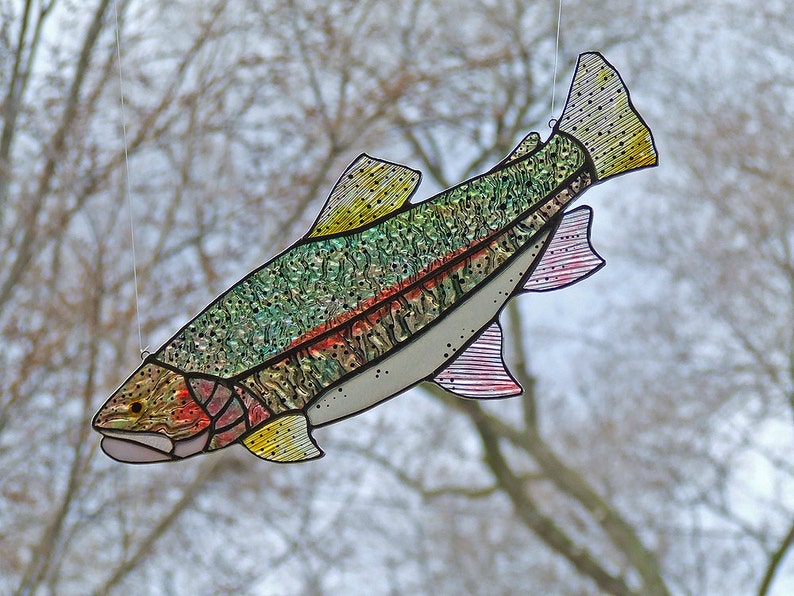 Stained Glass Trout, Large 14 Rainbow Trout Sun Catcher, Unique Gift ...