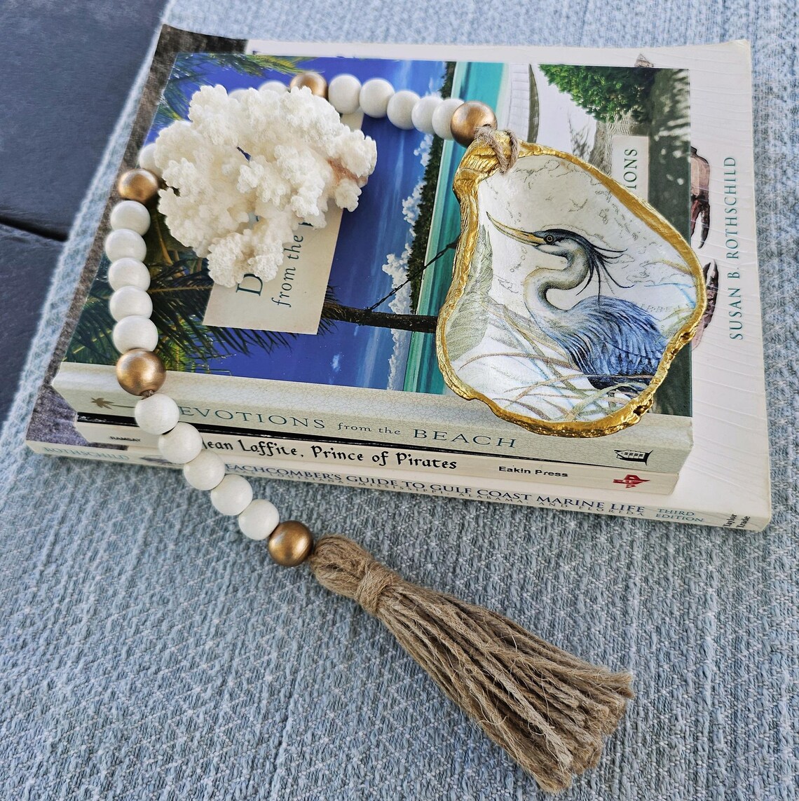 Blue Heron Oyster Shell Garland, Coastal Beaded Tassel Decor - Etsy