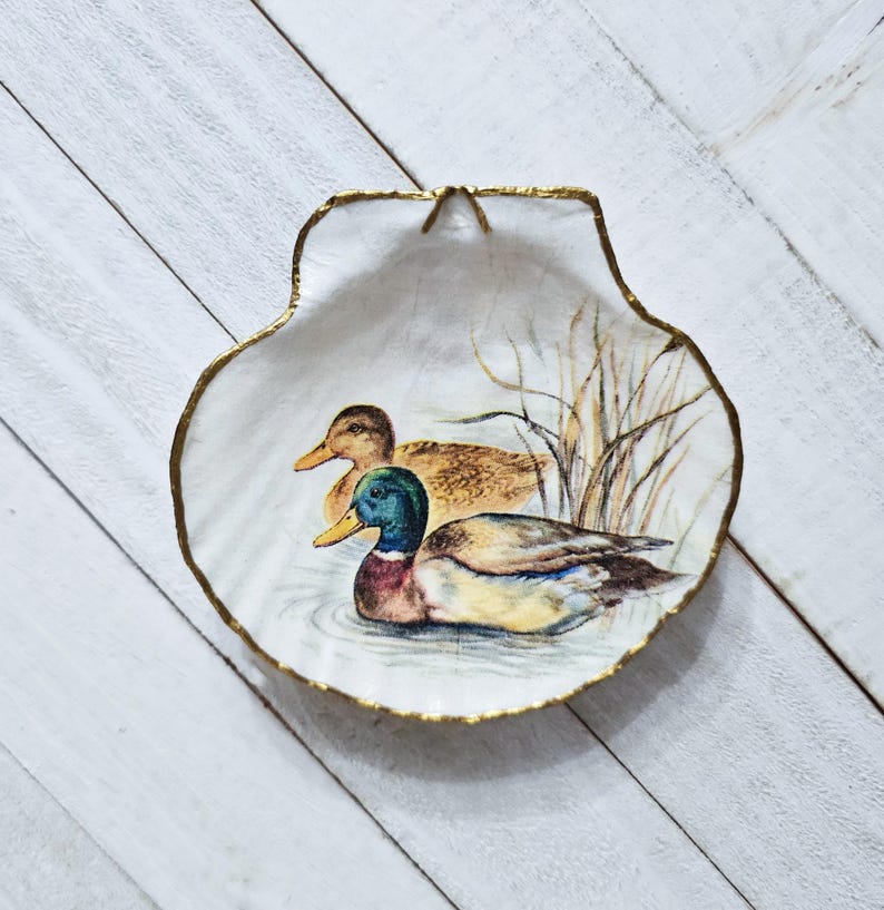 Decoupage Mallard Duck Seashell Dish: Handmade Ring & Jewelry Holder - Etsy