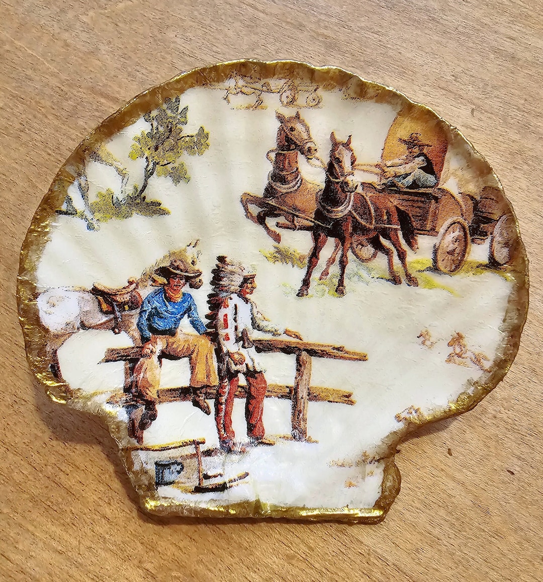 Decoupage Seashell Dish: Western Decor Trinket Jewelry Dish - Etsy
