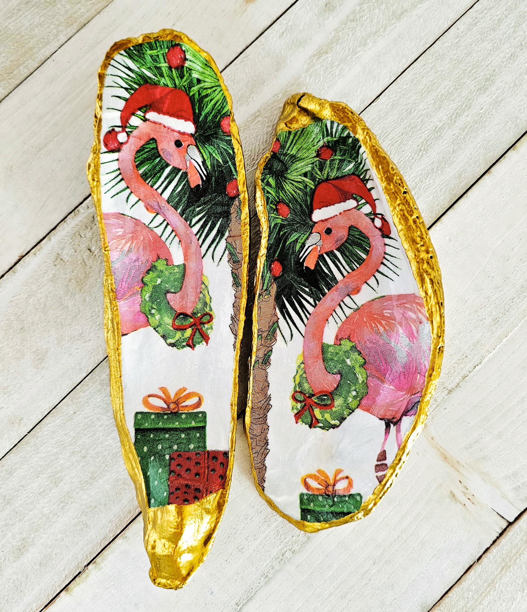 Decoupage Seashell Dish: Pink Flamingo Christmas Decor, Coastal Trinket ...