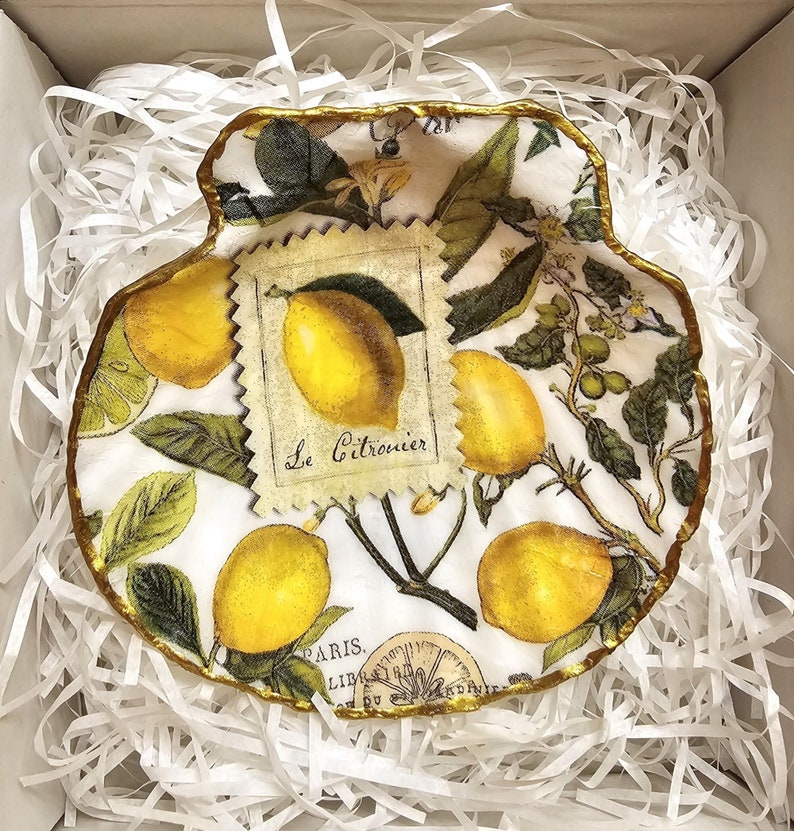 Lemon Basil Decoupage Seashell Ring Dish: Coastal Trinket Dish - Etsy