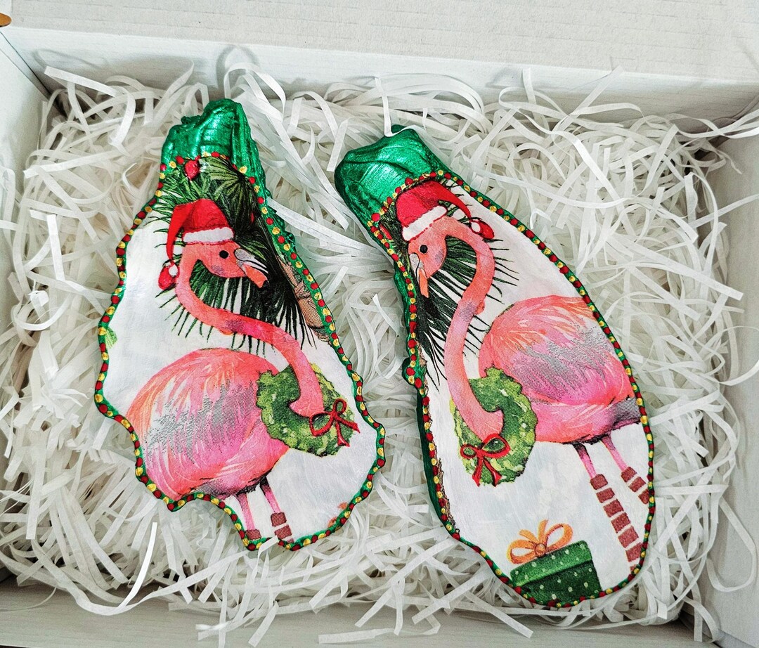 Decoupage Seashell Dish: Pink Flamingo Christmas Decor, Coastal Trinket ...